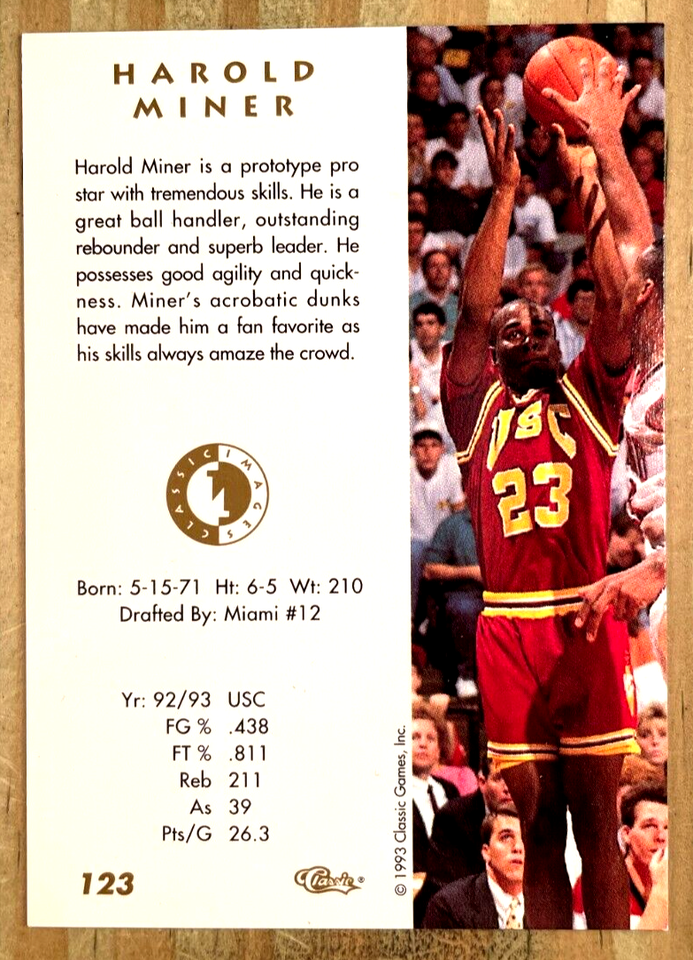 1993 CLASSIC IMAGE HAROLD MINER ROOKIE DRAFT CARD#123 NM-MT USC HEAT ...