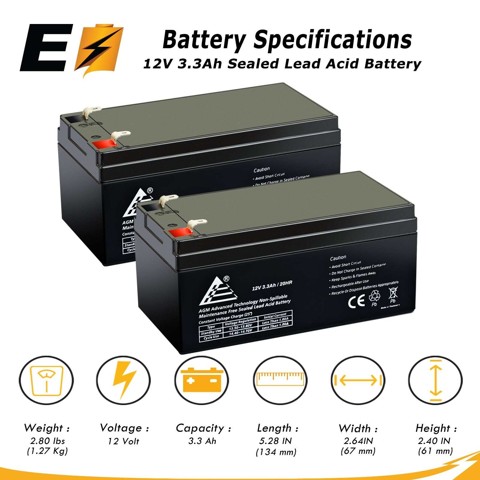 2 Pack_12V 3.3Ah 3.5Ah SLA Battery replaces BP3-12 BP3.6-12 CF12V2.6 ...