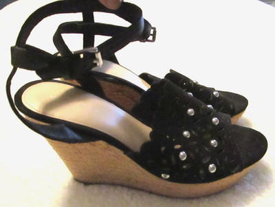 Marc Fisher "HATA" Black Leather Wrap Ankle Strap Wedge Heel Sandal ...