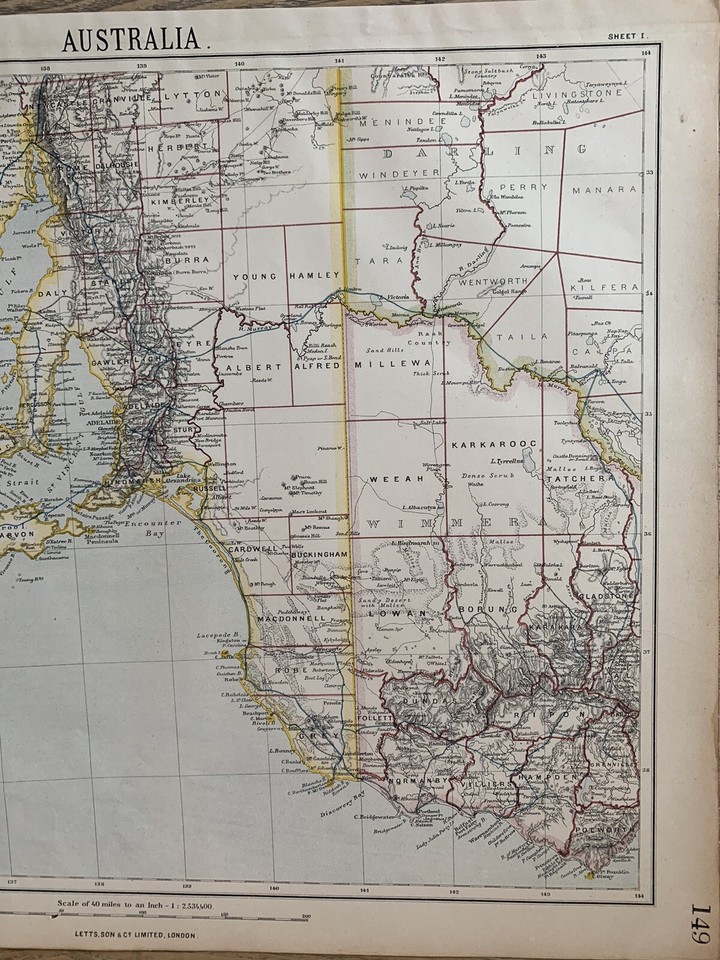 1889 SOUTH AUSTRALIA WEST VICTORIA ANTIQUE MAP BY LETTS, SON & Co. 131 ...