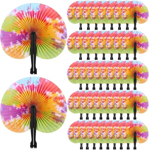 48 Pack Folding Paper Hand Fans Tie Dye Round Decorative Handheld Fans ...