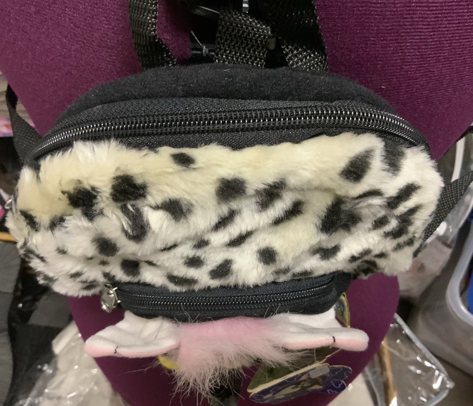 Vintage FURBY Adjustable Mini Bag Zipper Backpack White Black Spots ...