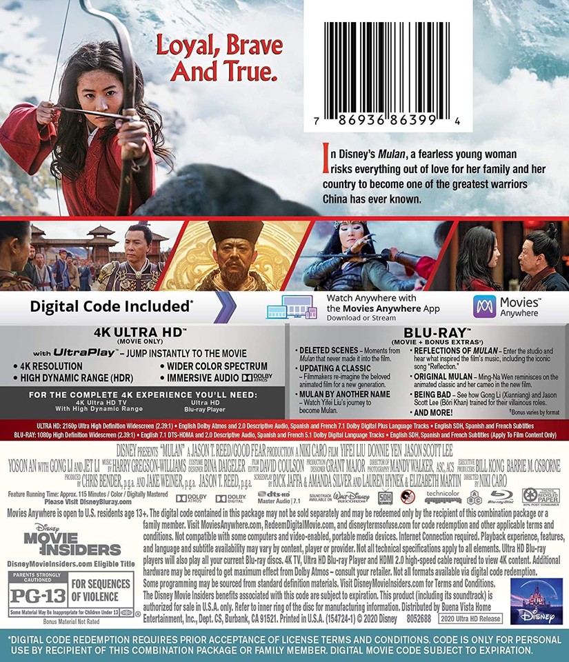MULAN (4K UHD Blu-ray) Yifei Liu Donnie Yen Gong Li Jet Li Jason Scott ...