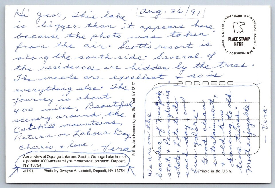 Oquaga Lake, Deposit New York, 1991 Chrome Aerial View Postcard | eBay