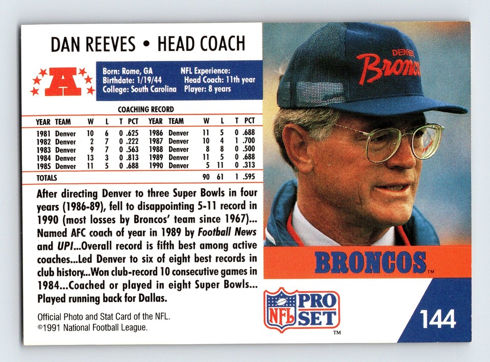 1991 Pro Set Dan Reeves #144 Football Denver Broncos HC | eBay
