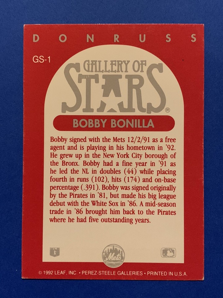 BOBBY BONILLA Signed 1992 Gallery Of Stars Pittsburgh Pirates Autograph ...