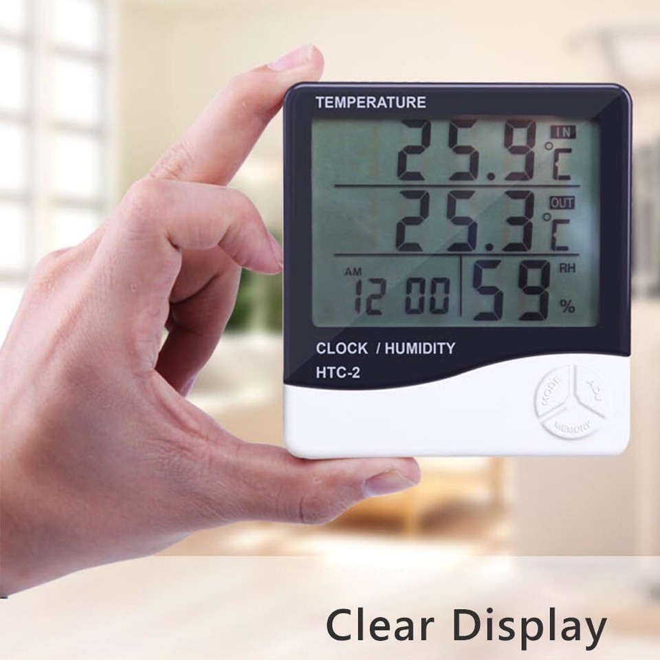 HTC 2 Digital LCD Temperature Thermometer Humidity TEMP Meter Clock UK ...