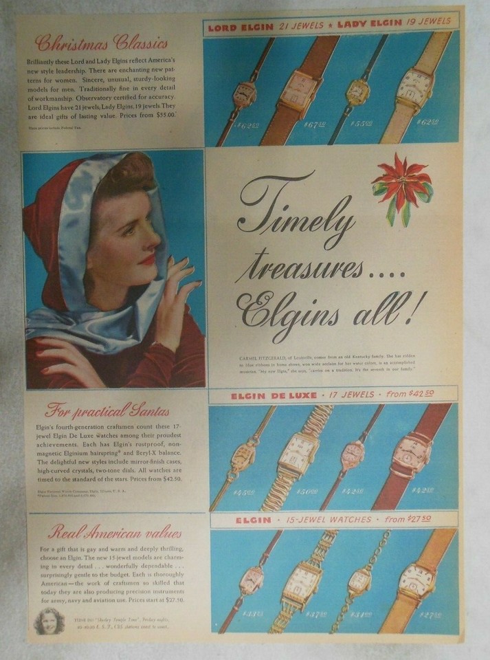 Elgin Watches Ad: Timely Treasures Elgin's All ! 1941 Size: 11 x 15 ...