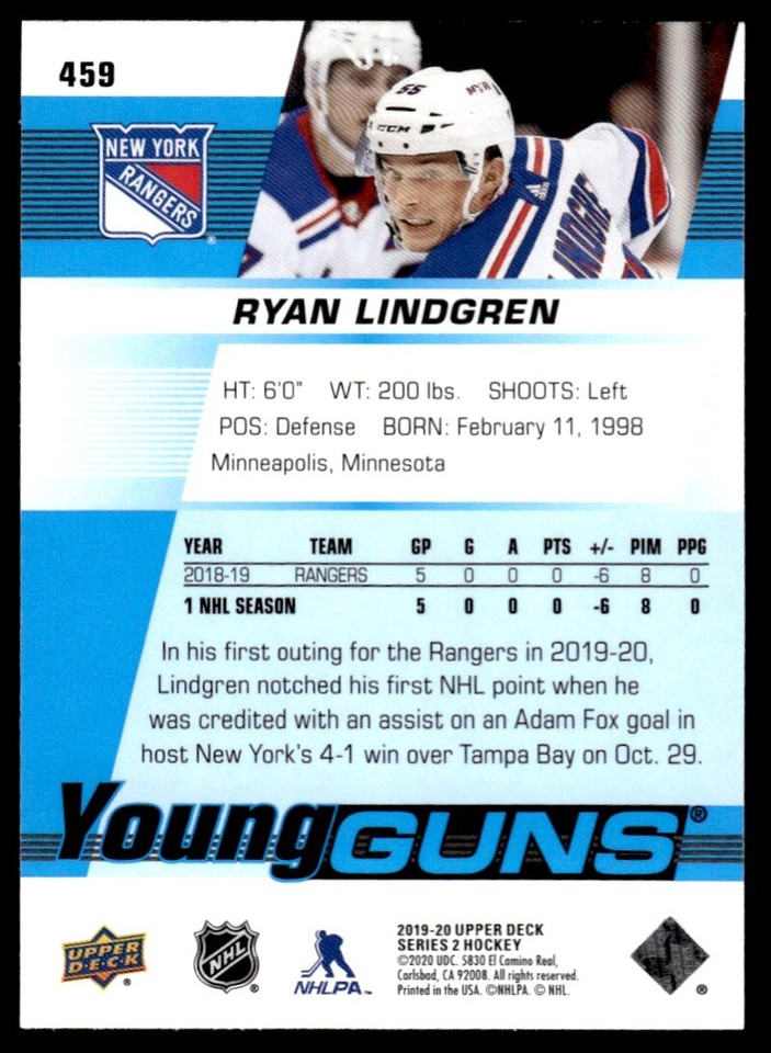 2019-20 Upper Deck Young Guns Ryan Lindgren Rookie New York Rangers ...