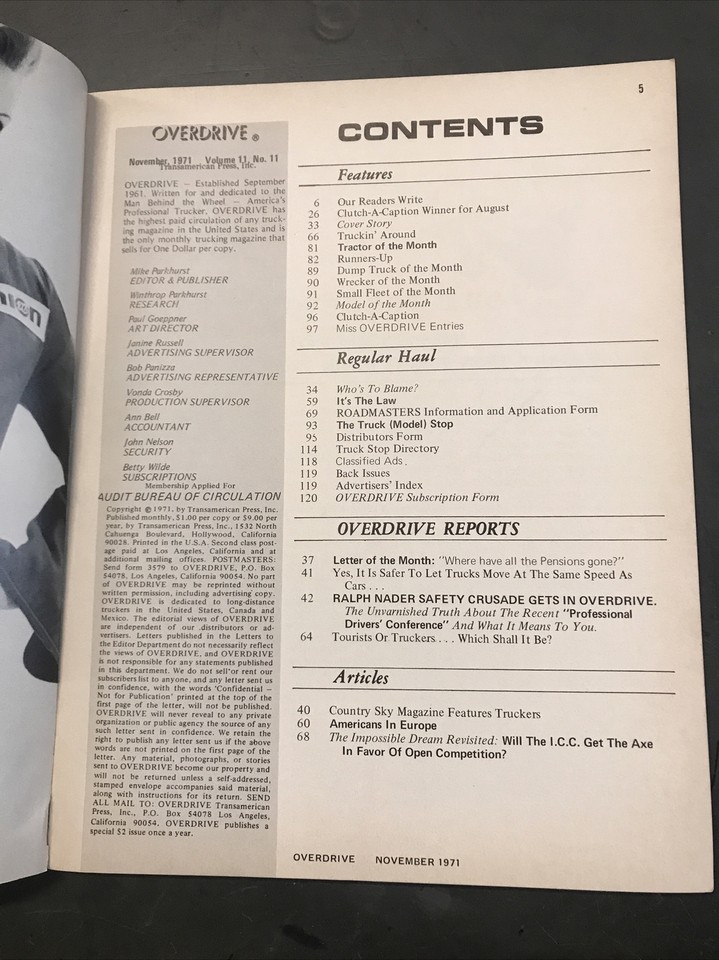 OVERDRIVE Magazine - November 1971 Voice of American Trucker-RALPH ...
