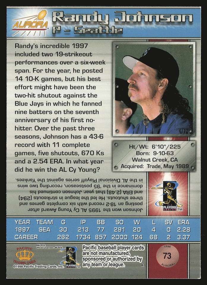 1998 Pacific Aurora #73 Randy Johnson | eBay