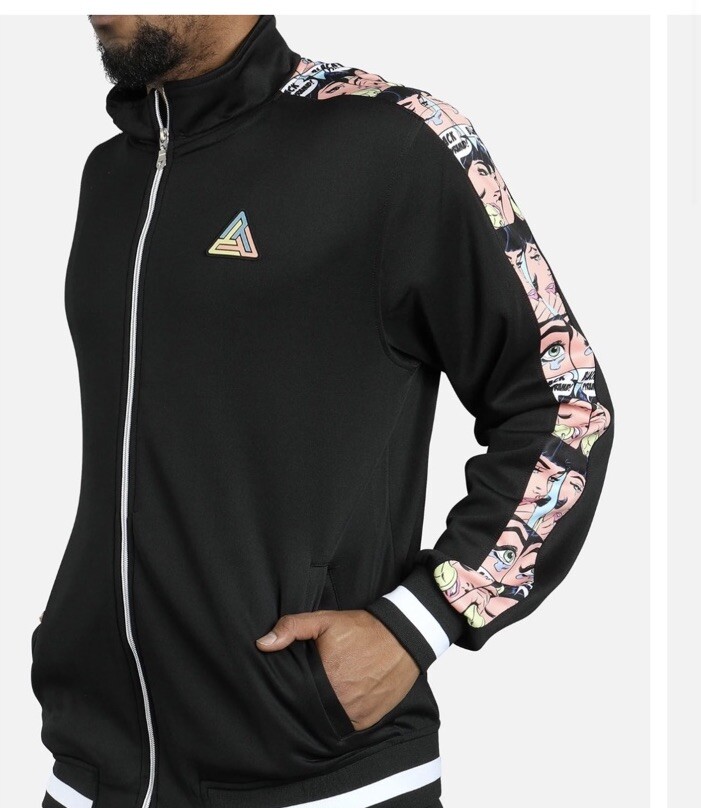 Mens Black Pyramid Comic Strip Print Zip-Up Track Jac… - Gem