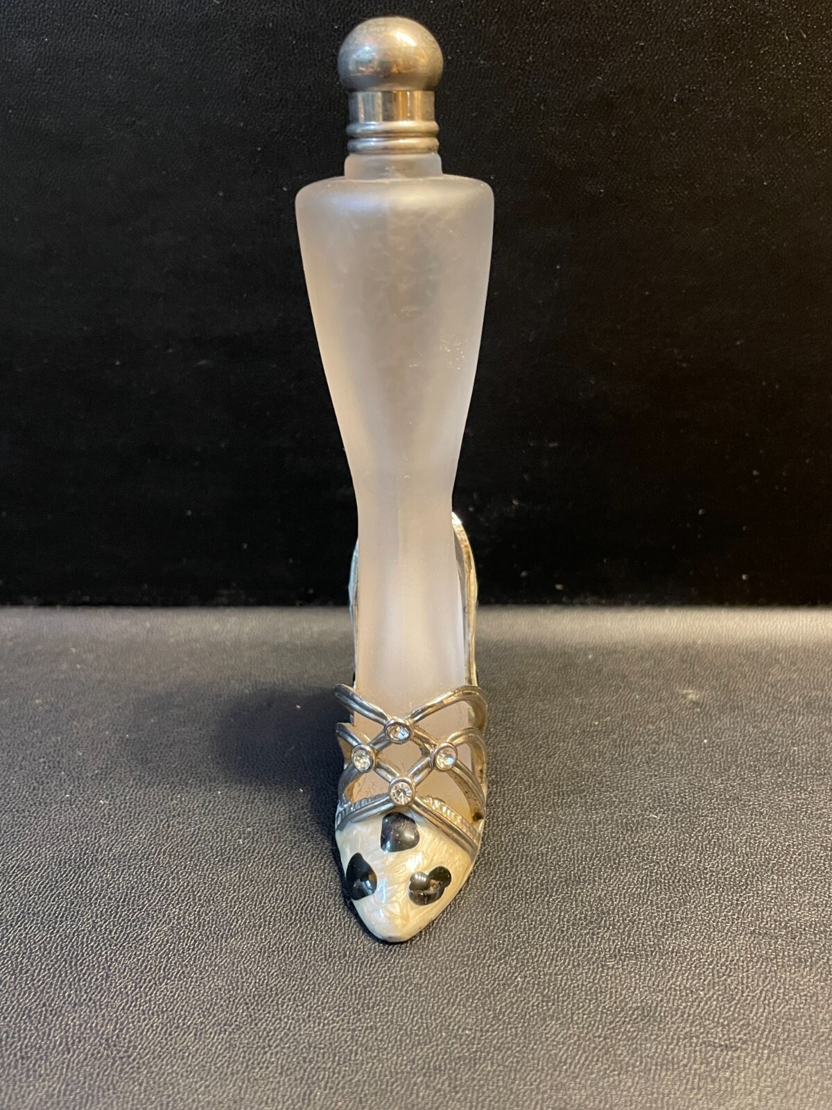 Enamel White w/Black Spots High Heel Shoe w/ Glass Leg Perfume Bottle/w ...
