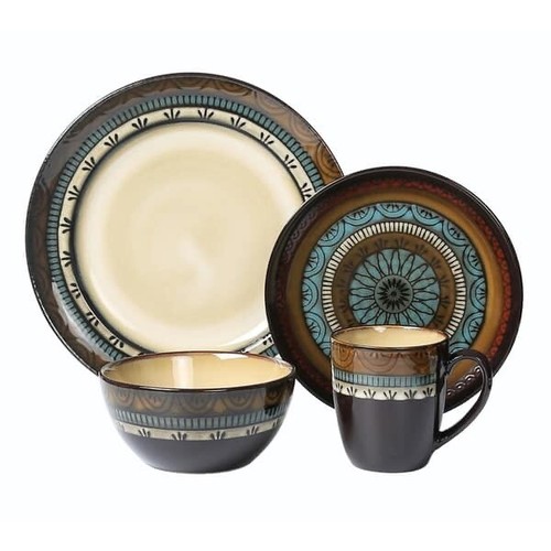 16p Beige Brown Blue Dinnerware Set Kitchen Dinner Plate Southwest Teal ...