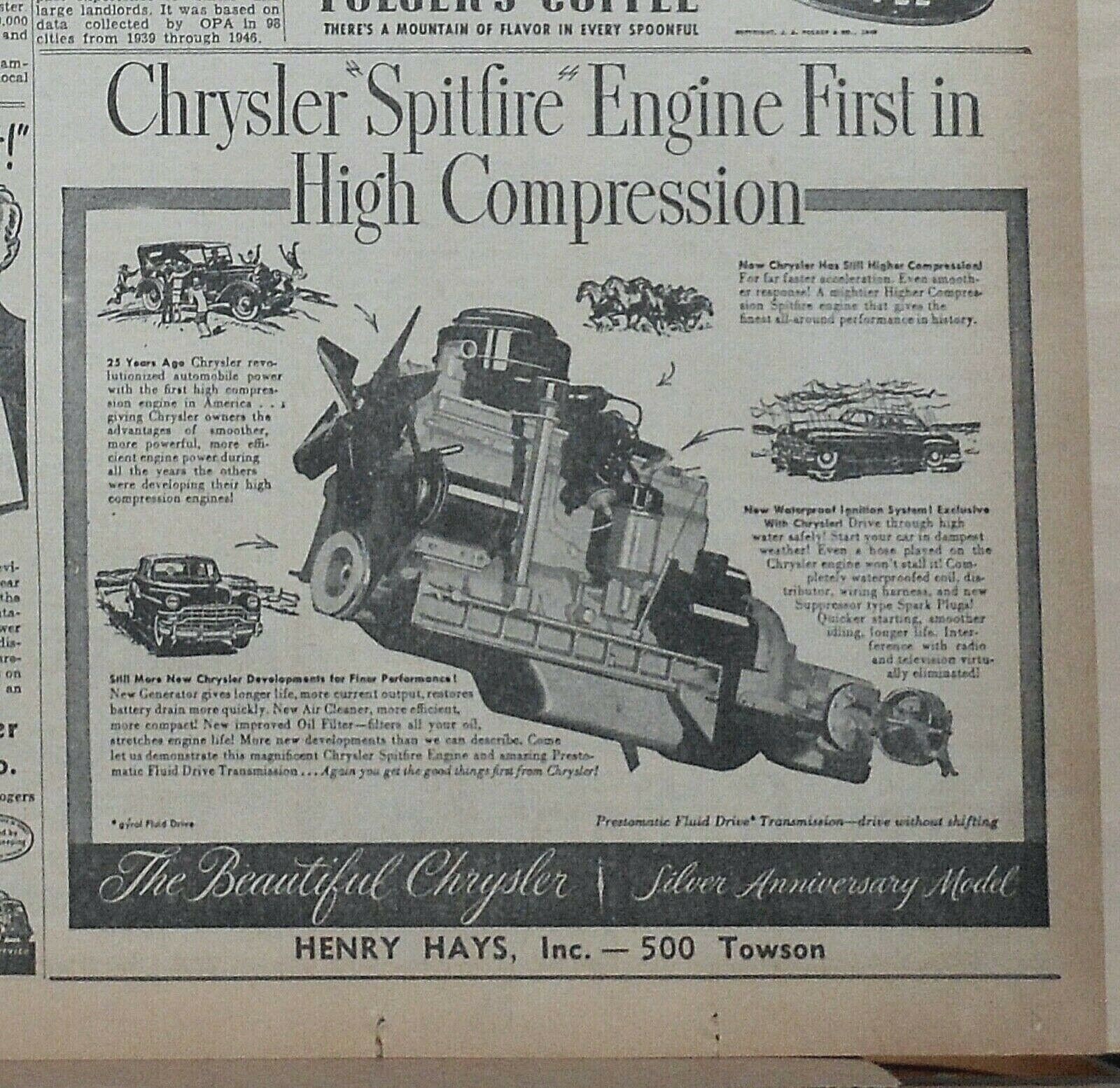 1949 newspaper ad for Chrysler - Spitfire Engine First in High ...