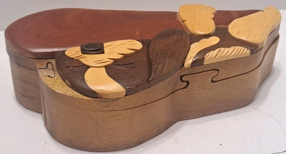 Carver Dan's Handcrafted Wood Puzzle Box Secret Treasures Sleeping Dog ...