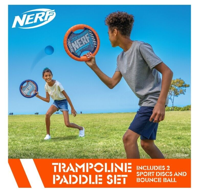 NERF Trampoline Paddle Ball & Flying Disc Set Inside-Outside Orange ...