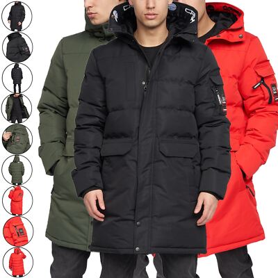 Mens Crosshatch Parka Padded Hooded Long Fleece Lined Jacket Heavy Warm ...
