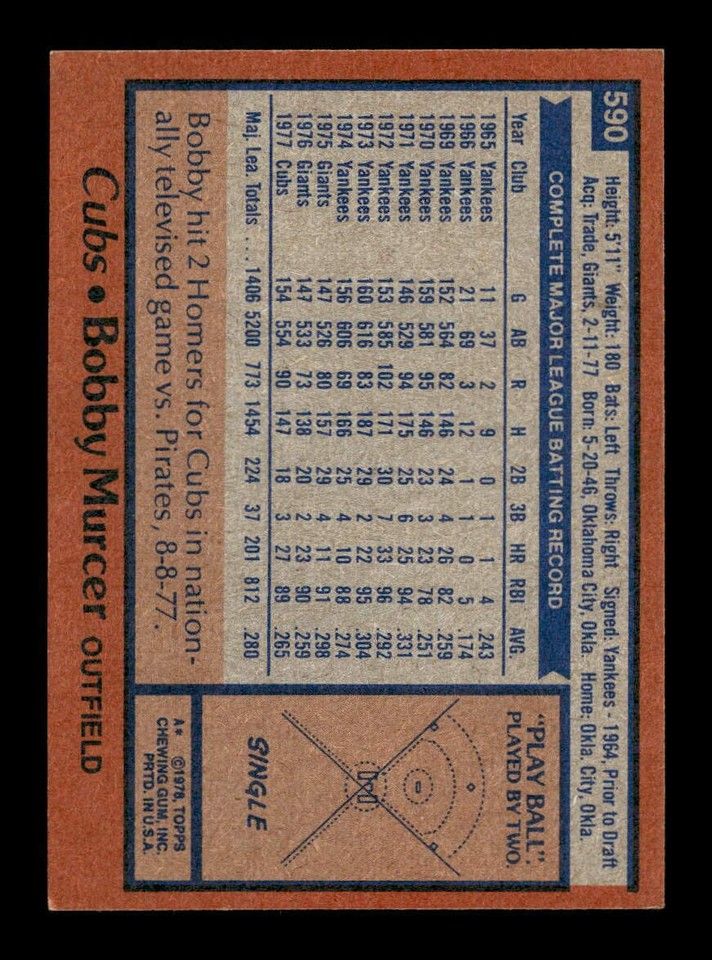 1978 Topps #590 Bobby Murcer Chicago Cubs EX Baseball Card *J178 | eBay