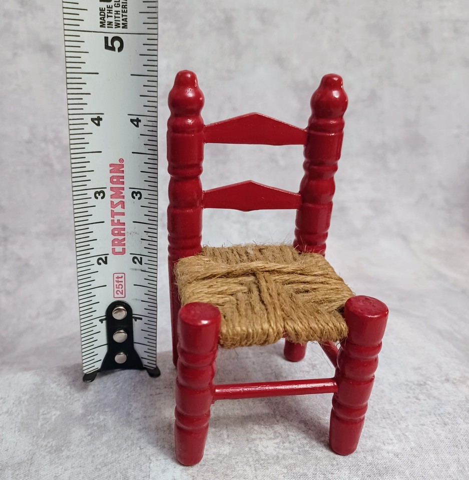 small doll furniture chair red wood jute rope woven seat ladder back 4. ...