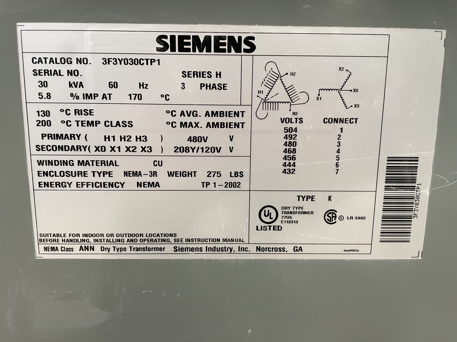 SIEMENS 30KVA 3R Dry Type Transformer 480 x 208/120 | eBay