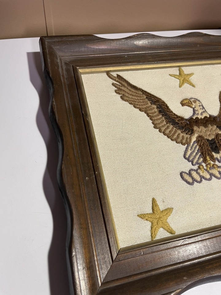 Vintage Framed USA Patriotic Eagle Arts & Crafts Embroidered Needlework ...