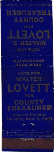 Vote For Walter Lovett For County Treasurer Vintage Matchbook Cover | eBay