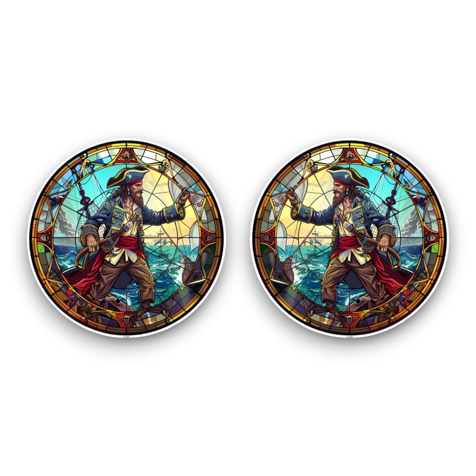 2x Small Pirate Captain Stained Glass Window Effect Vinyl Sticker ...