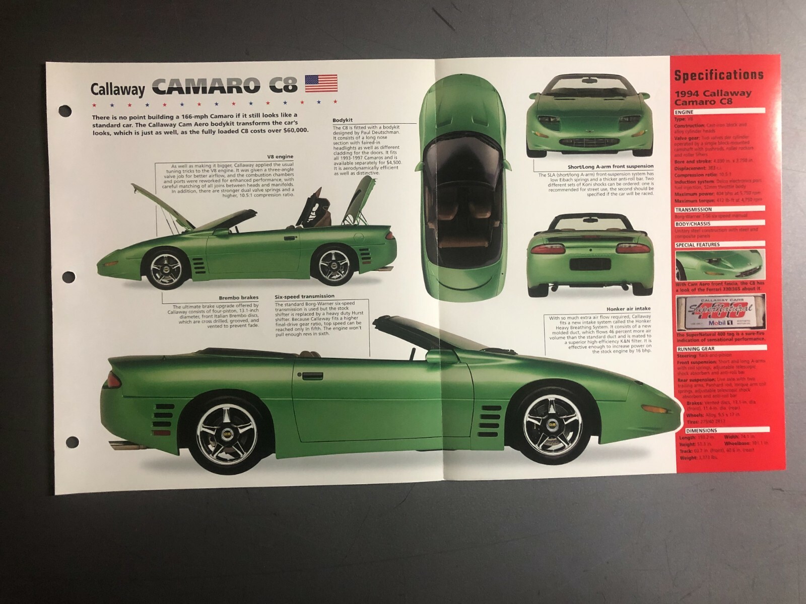 1994 - 1996 Chevrolet Callaway Camaro C8 IMP Hot Cars Spec Sheet Folder ...