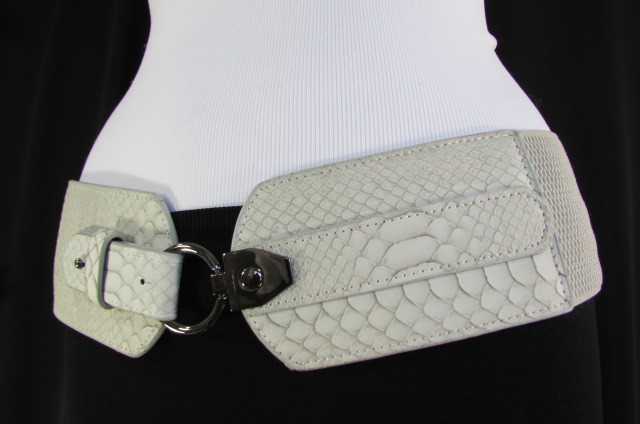 Women Black White Beige Elastic Fashion Belt Snake Skin Wide Faux ...