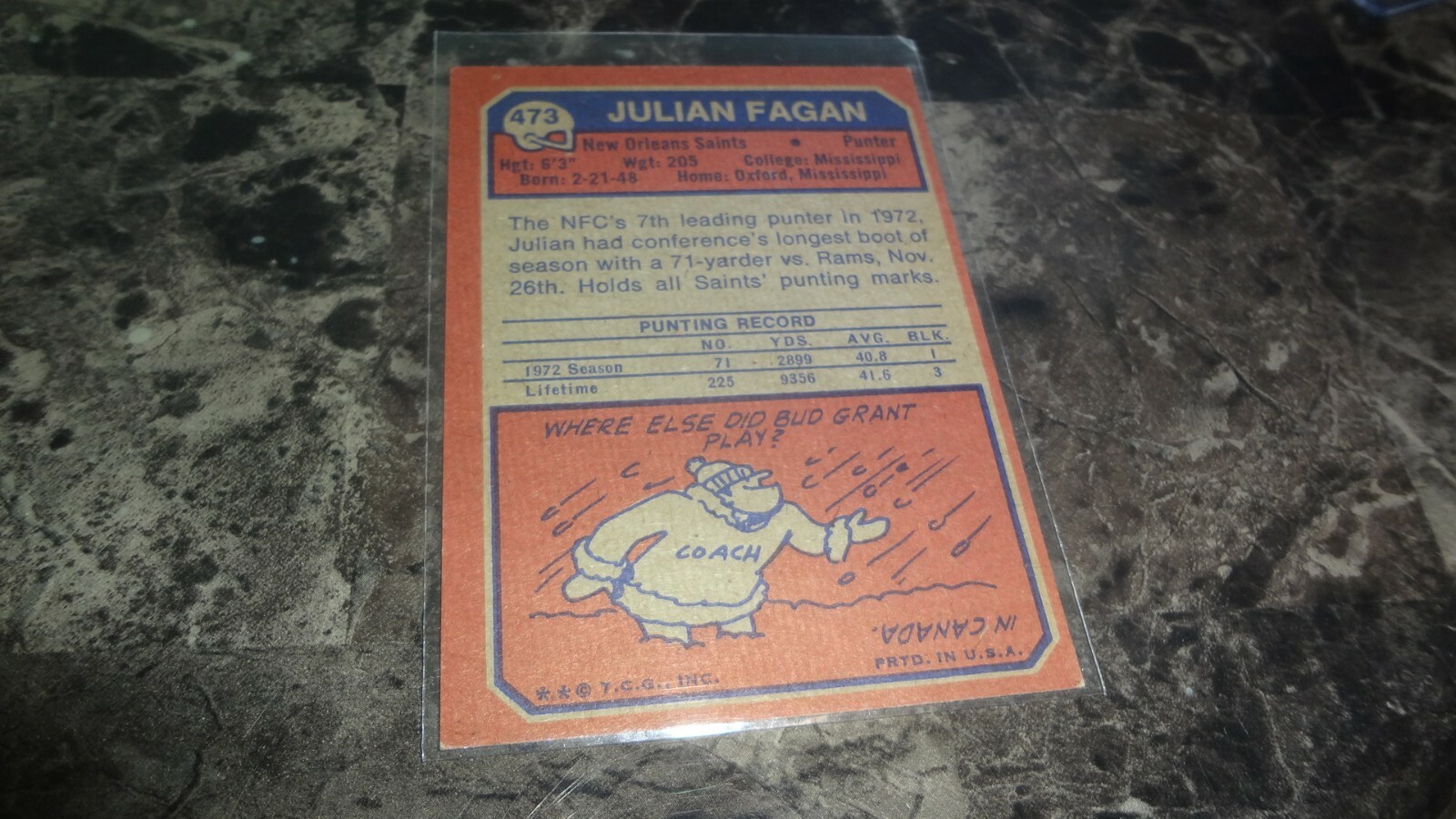 1973 TOPPS # 473 JULIAN FAGAN FOOTBALL CARD | eBay