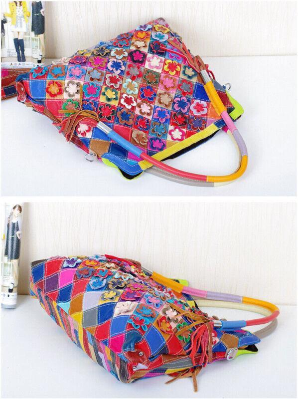 100% Genuine Leather Colorful Floral Patchwork Handbag Women's Tote Shoulder Bag | eBay