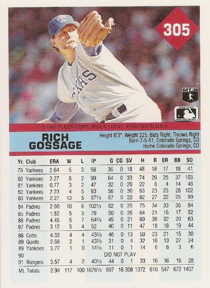 1992 Fleer #305 Rich "Goose" Gossage No Period After U.S.A Texas ...