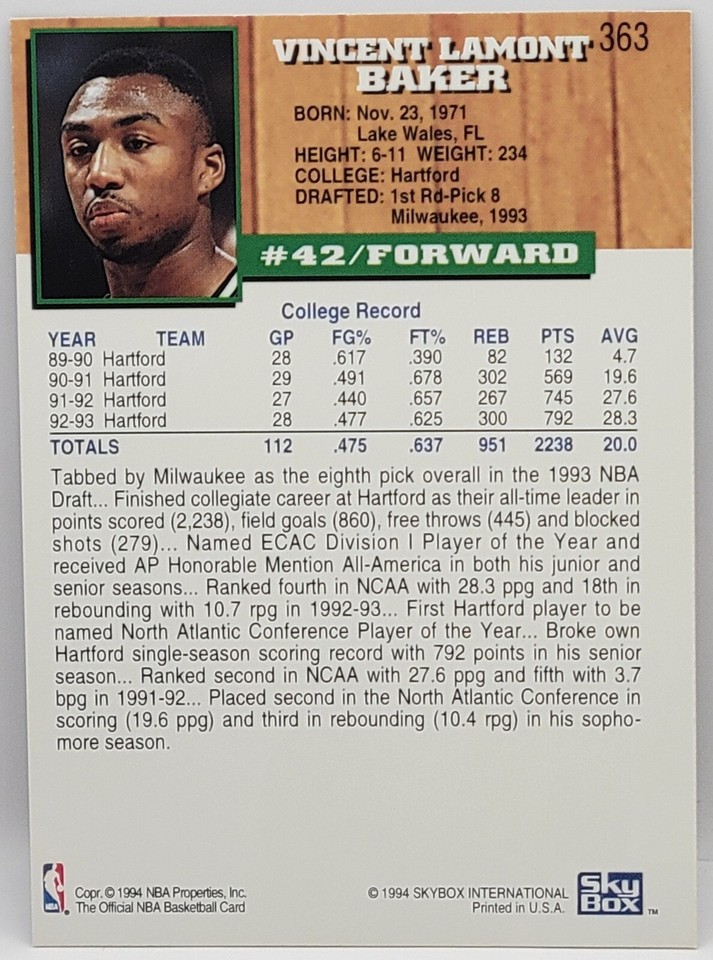 93-94 Hoops Vin Baker Rookie Card (Milwaukee Bucks) | eBay