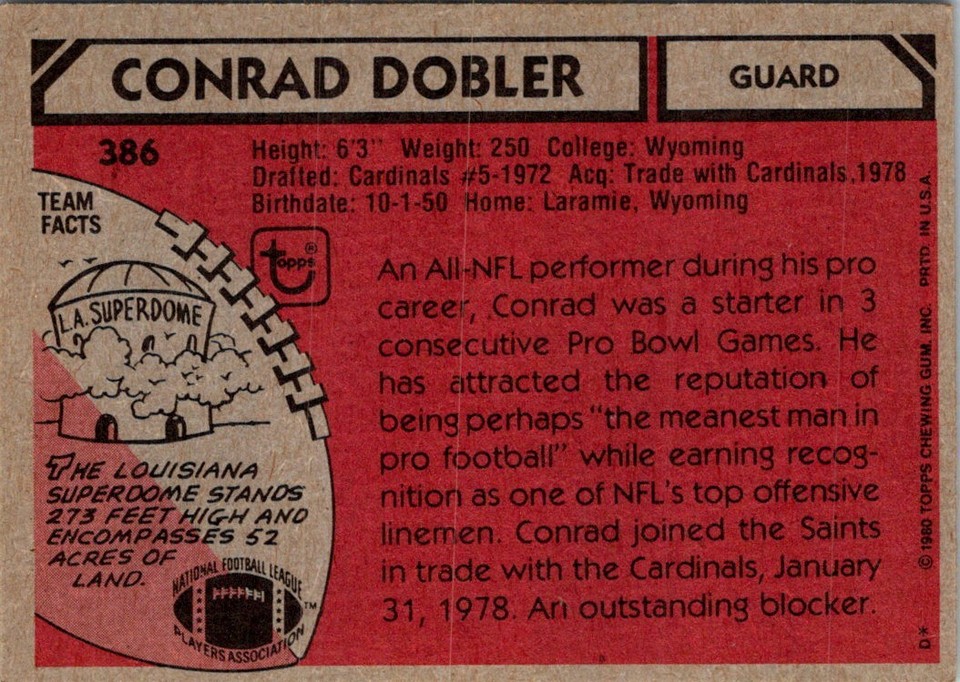 1980 Topps Conrad Dobler #386 New Orleans Saints Football Card | eBay