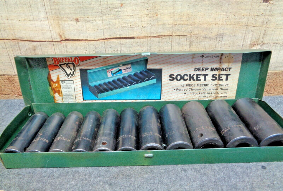 BUFFALO 1/2”Drive Deep Impact Socket Set METRIC 6 Pt 11 Sockets w/ Box ...