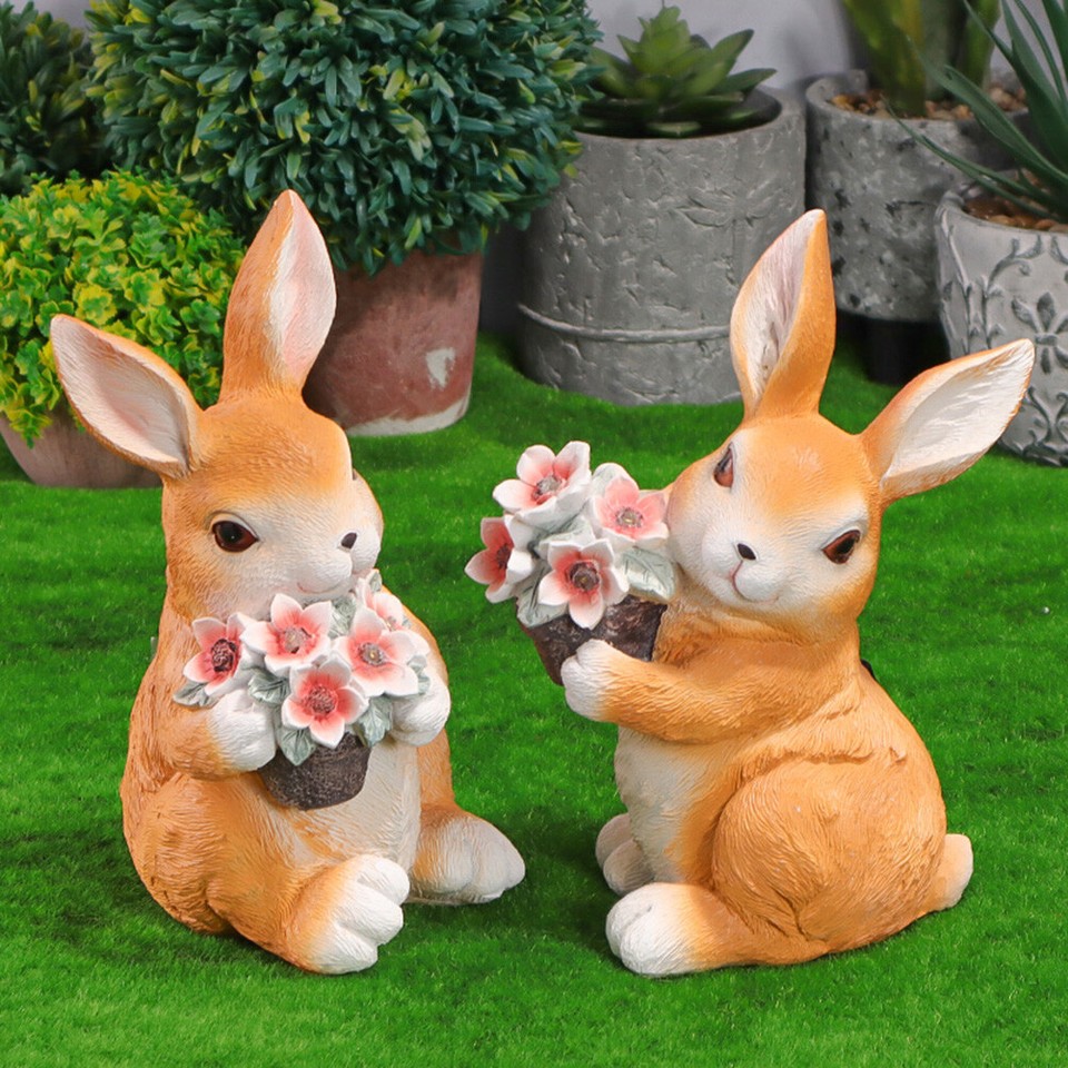Resin Rabbit Statue with Solar Flower Lantern Rabbit Figurine for ...