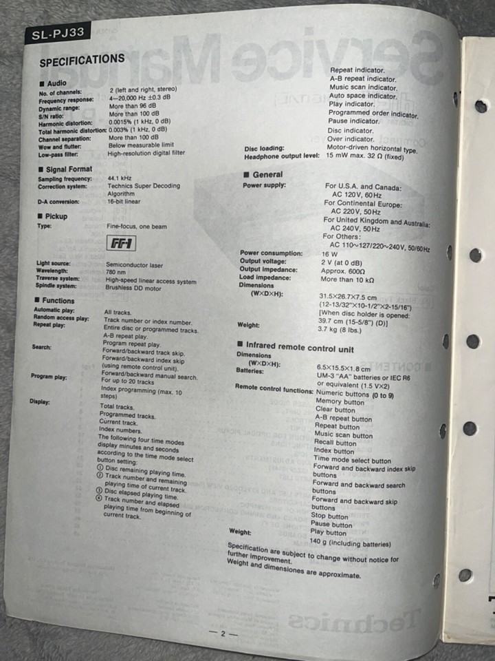 Technics SL-PJ33 Service Manual Compact Disk Original | eBay