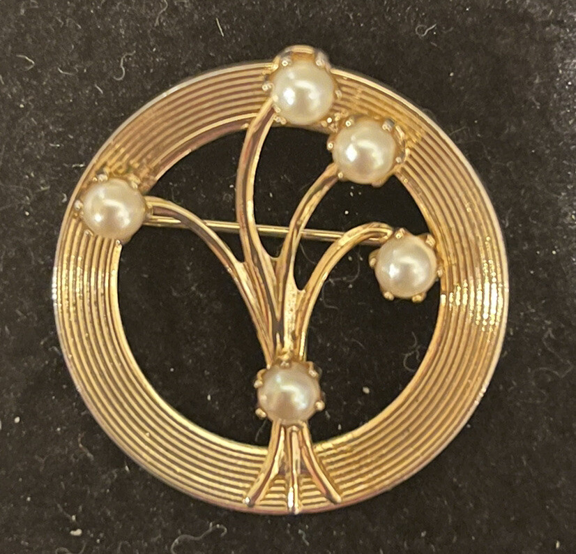 VINTAGE GOLD TONE ROUND BROOCH PIN FAUX PEARL PRONG SET ESTATE FIND | eBay