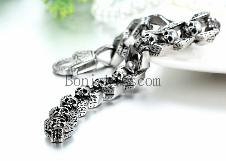 Men's Vintage Silver Skull Chain Stainless Steel Bracelet Heavy Punk ...