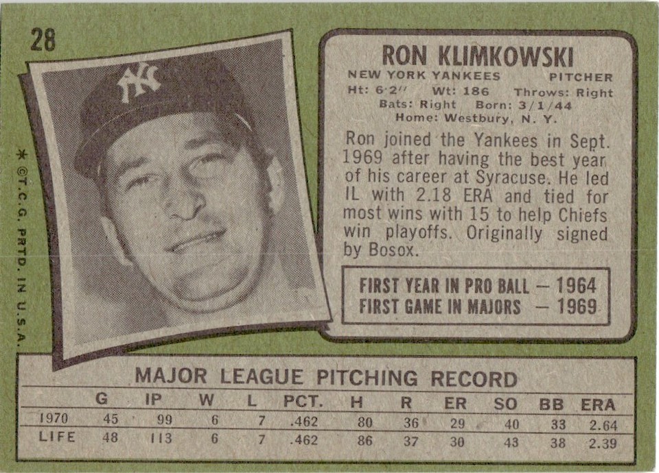 1971 Topps Baseball Ron Klimkowski New York Yankees #28 EX-MT+ | eBay