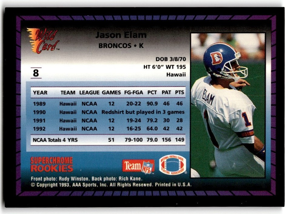 1993 Wild Card Superchrome Rookies Jason Elam #8 Denver Broncos | eBay