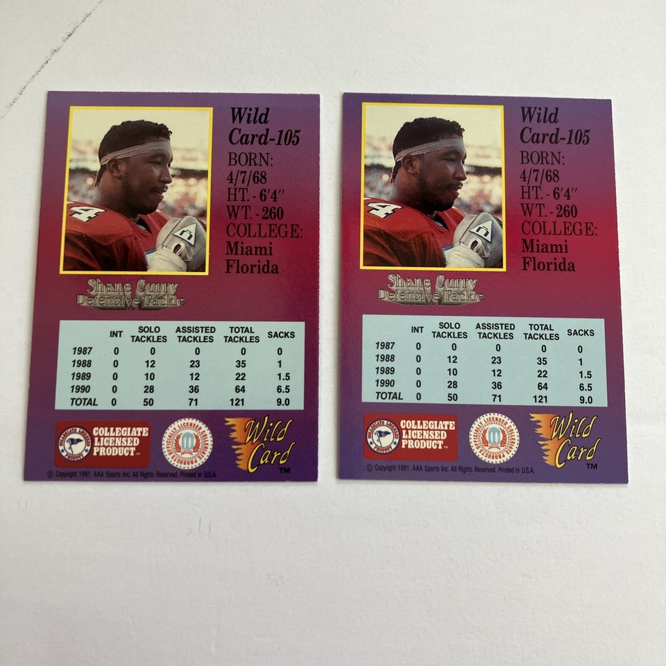 Shane Curry 1991 Wild Card Draft #105 Miami Hurricanes FOOTBALL Card ...