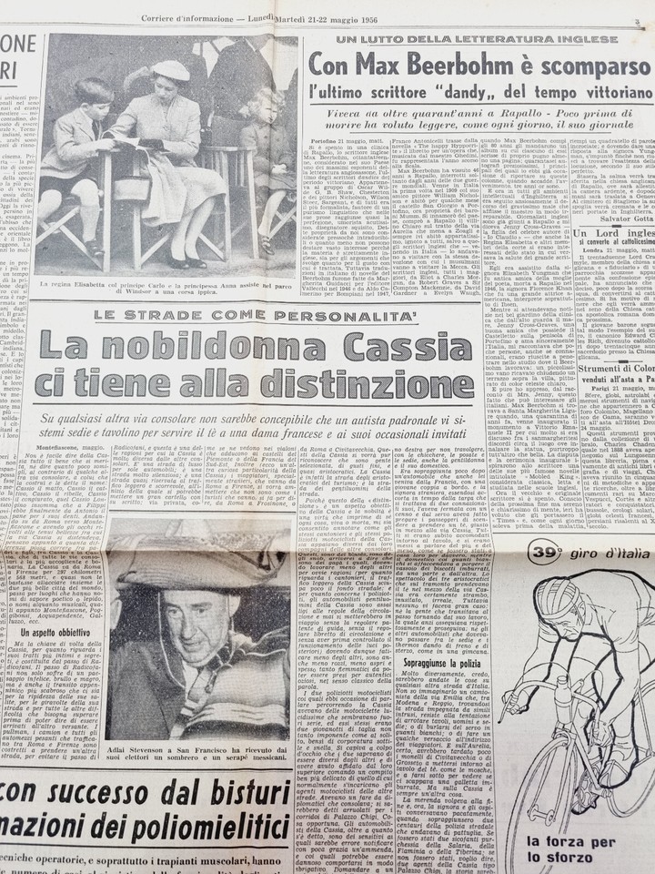 Corriere D'Information 21-22 May 1956 Zucconelli - Death Max Beerbohm ...
