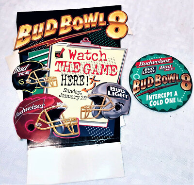 Vintage Budweiser Beer Bud Bowl 8 Pinback Button and Table Card ...