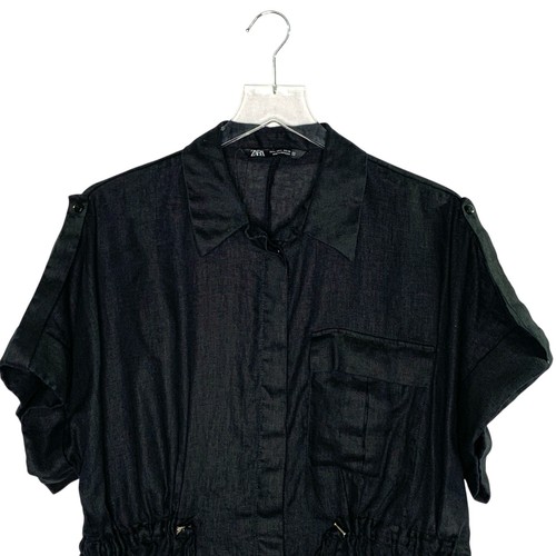 Zara L Womens Black Linen Button Front Shirt Drawstring Waist ...