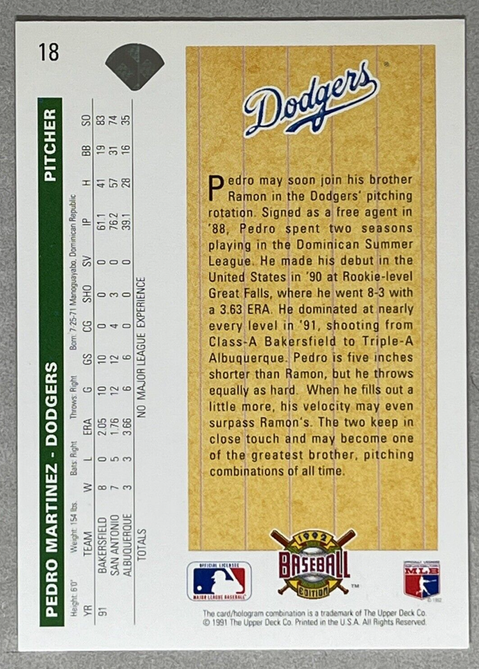 Pedro Martinez Rookie Card, 1992 Upper Deck #18, Los Angeles Dodgers ...