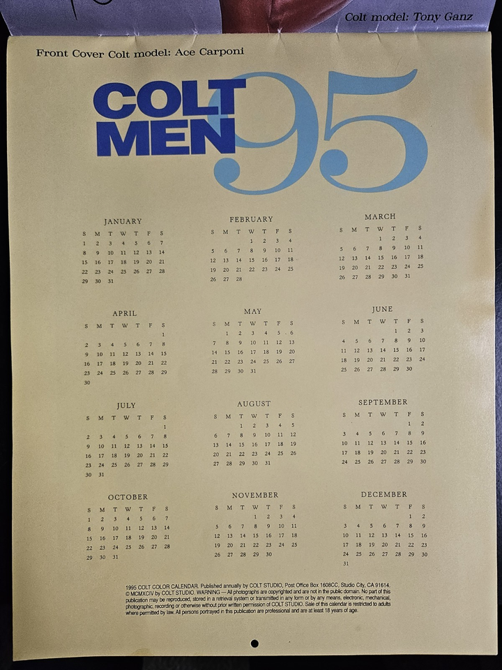 Colt Studio Calendar 1995 Tony Ganz, Steve Kelso, Ace Carponi, Ed ...