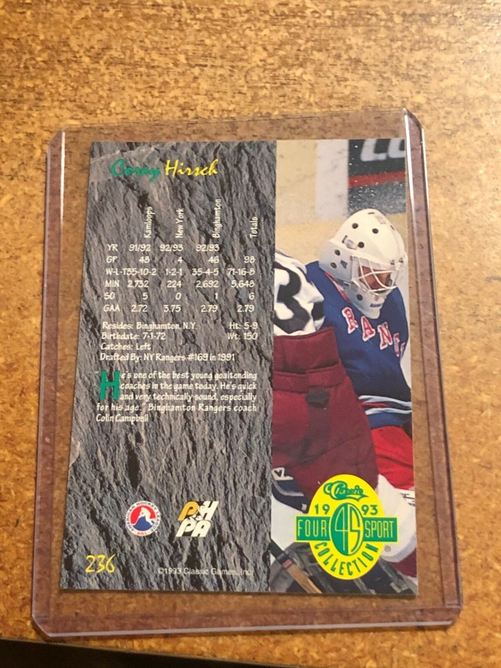 1993 Classic Four Sport Hockey # 236 Corey Hirsch RC | eBay