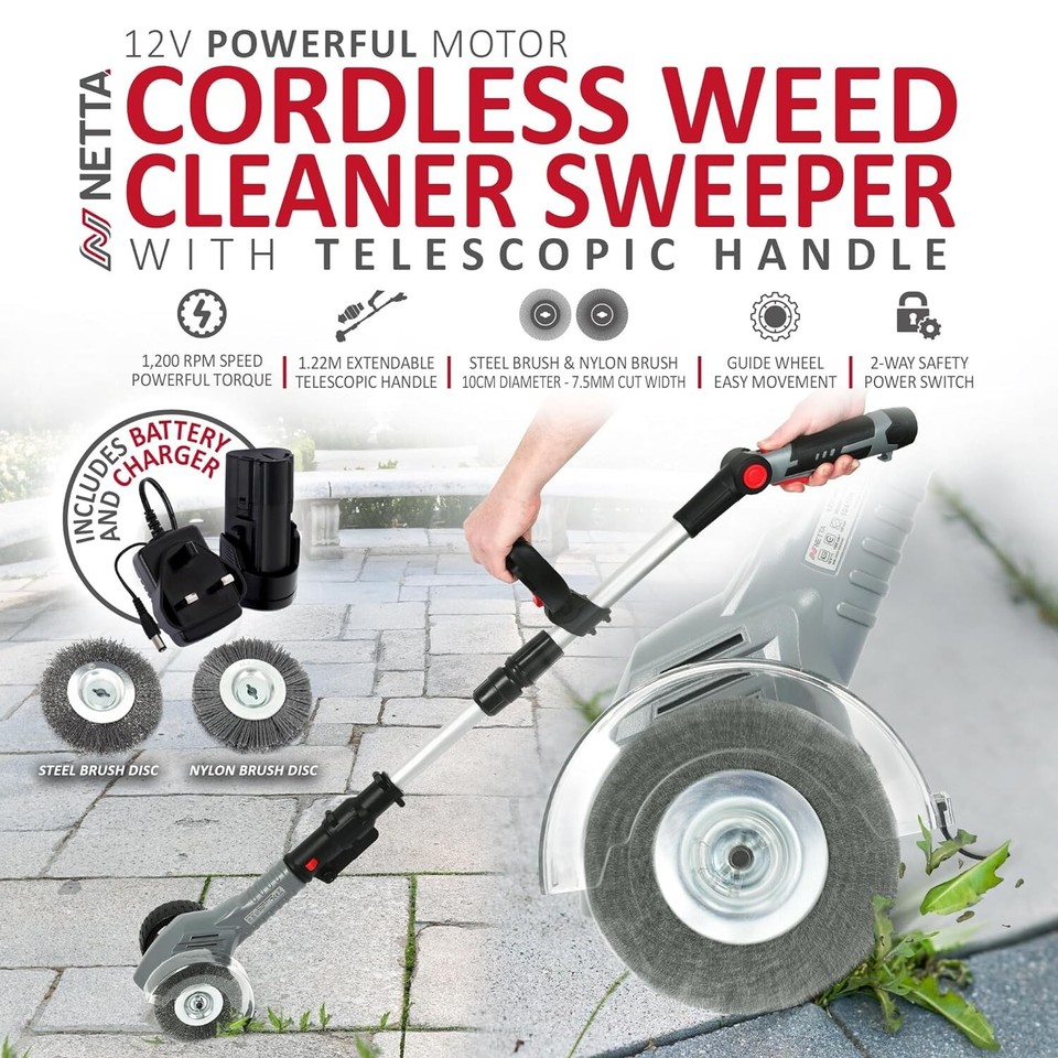 NETTA Cordless Weed Sweeper Weeds Moss Dirt Remover Battery and Brushes ...